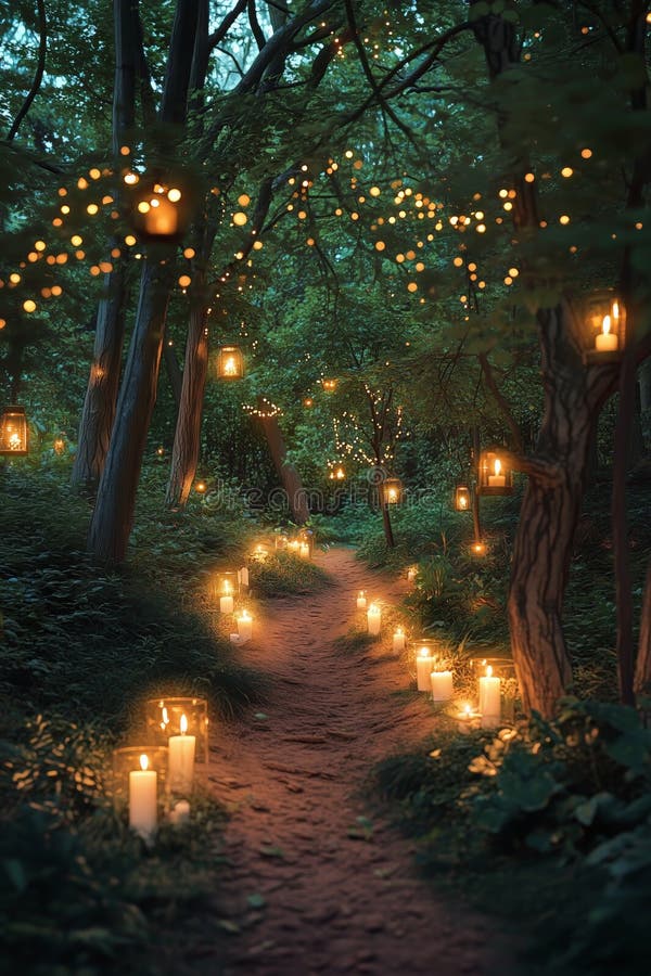 Magical Pathway Illuminated by Lanterns and Candles in a Serene Forest ...
