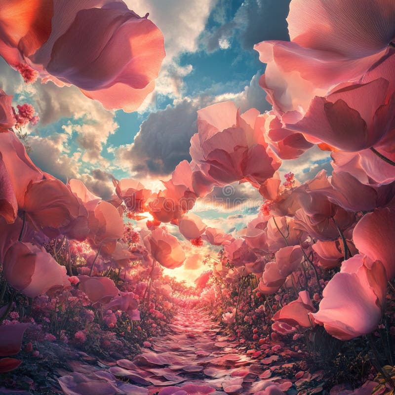 A Magical Pathway through Pink Flowers Stock Illustration ...