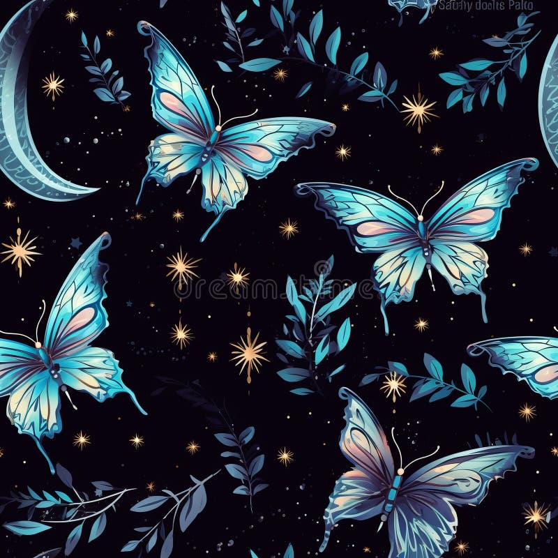 Magical Pattern with Butterflies and Herbs. Ethnic Moon Seamless ...