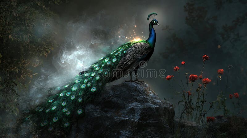 Magical Peacock on Rock in Misty Forest Stock Image - Image of exotic ...