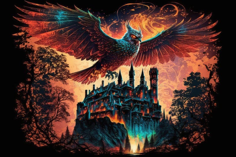 Magical Phoenix Firebird Flying Over Enchanted Castle Stock Photo ...