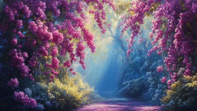 Magical Pink and Blue Flower Forest Path Stock Illustration ...