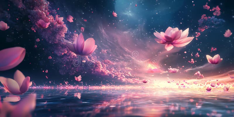 Magical Pink Flower Petals Falling Dreamy Fantasy Background Image ...