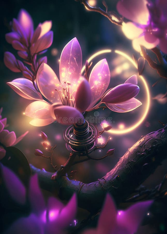 Magical Pink Flowers of Magnolia Close Up Stock Illustration ...