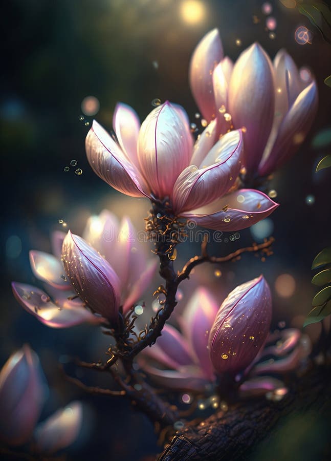 Magical Pink Flowers of Magnolia Close Up Stock Illustration ...