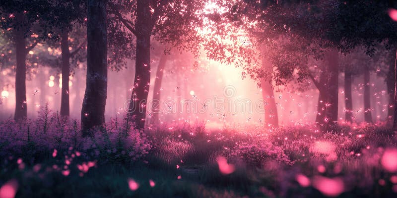 A Magical Pink Forest with Glowing Fireflies Creating a Dreamlike ...