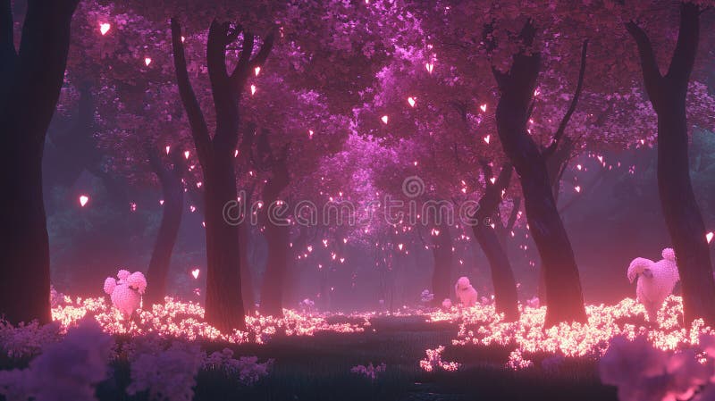 Magical Pink Forest Path with Glowing Lights and Fluffy Creatures Stock ...