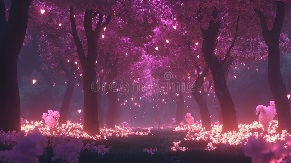 Magical Pink Forest Path with Glowing Lights and Fluffy Creatures Stock ...