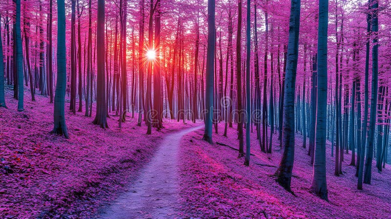 Magical Pink Forest Path Sunrise Scenery Royalty Free Image Stock ...