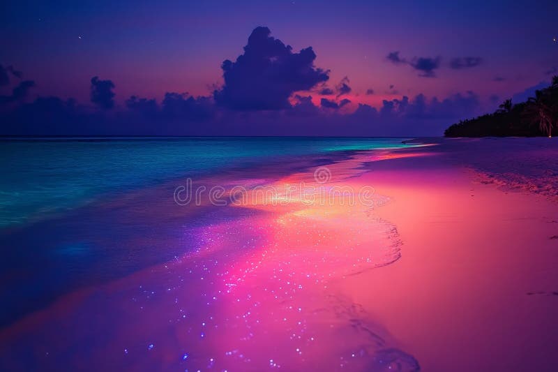 Magical Pink Sunset Beach at Night Stock Illustration - Illustration of ...