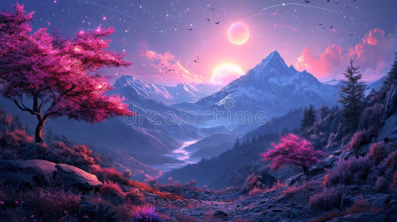 Magical Pink Tree and Mountain Landscape Under a Starry Sky Stock ...