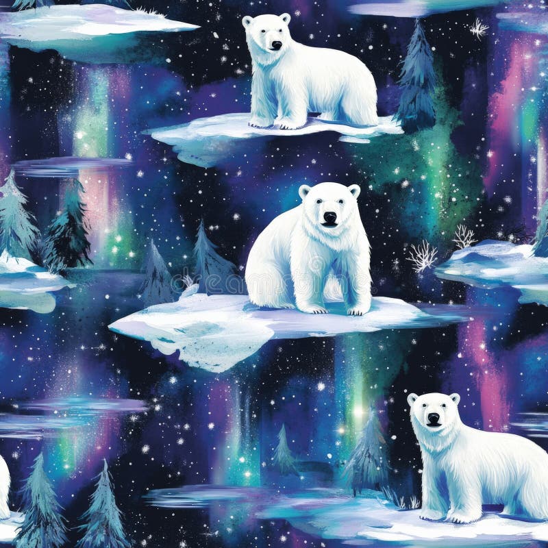 A Magical Polar Bear and Northern Lights Pattern with Dreamy Aurora ...