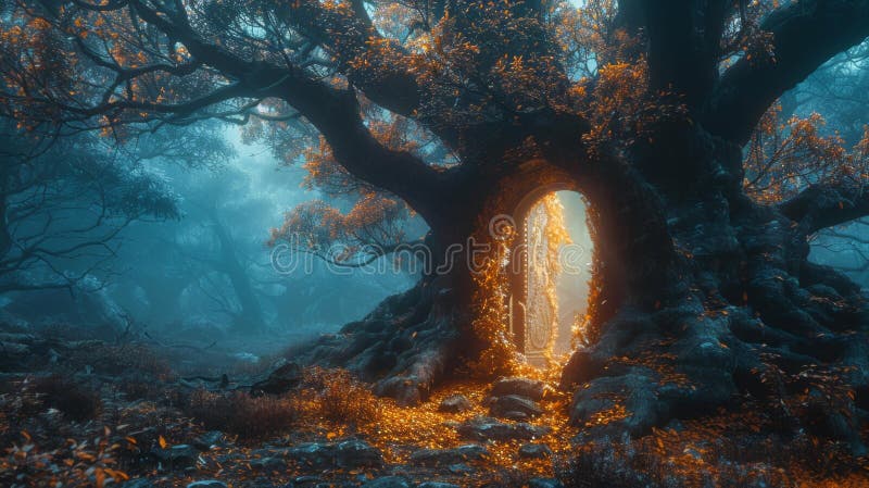 Magical Portal in Ancient Tree - Generative Ai Stock Illustration ...