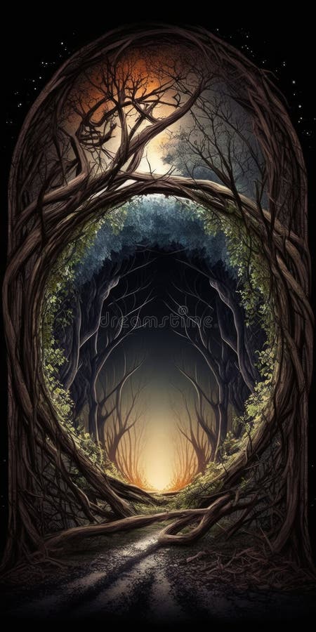 Magical Portal with Arch Made with Tree Branches in for Illustration ...