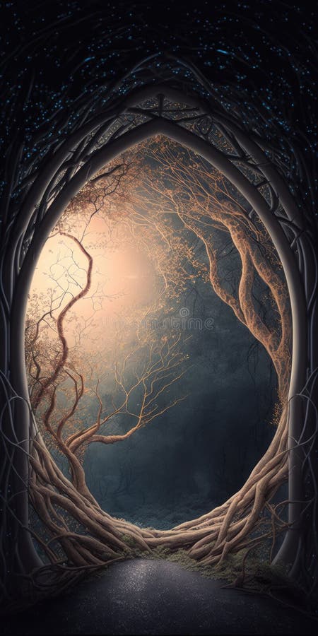 Magical Portal with Arch Made with Tree Branches in for Illustration ...