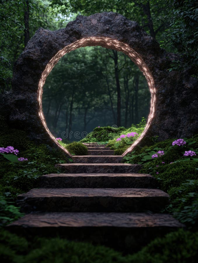 Magical Portal in a Lush Forest with Stone Steps Leading To Another ...