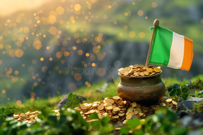 Magical Pot of Gold with Irish Flag in Lush Landscape Stock ...