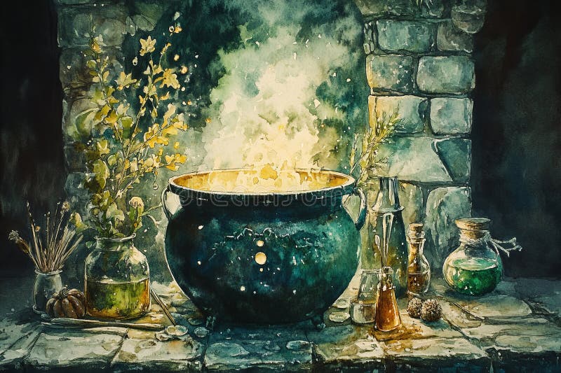 Magical Potion Brewing in an Ancient Cauldron Surrounded by Herbs Stock ...