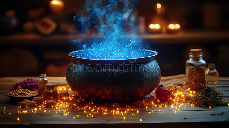 Magical Potion Brewing in Cauldron, Mystical Workshop, Glowing Lights Stock Illustration ...