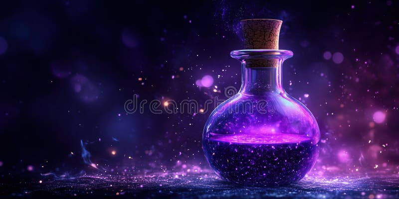 Magical Potion in Glass Bottle with Purple Liquid and Sparkling Effects ...