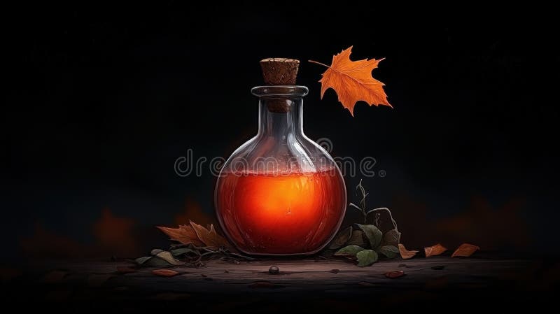 Magical Potion in a Glass Flask with Autumn Leaves on a Dark Background ...