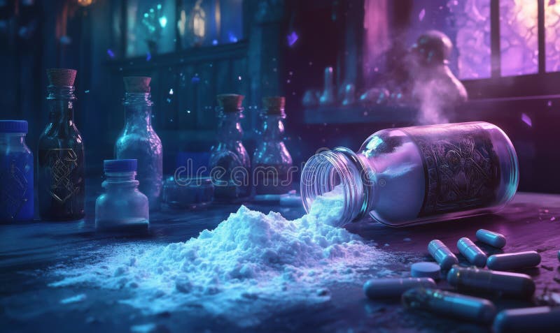 Magical Potion Ingredients Scattered on Table with Glowing Effects and ...