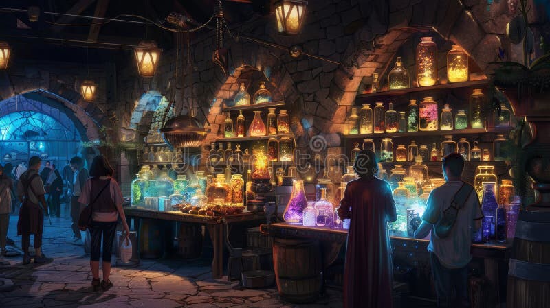 Magical Potion Shop Interior with Glowing Bottles Stock Illustration ...