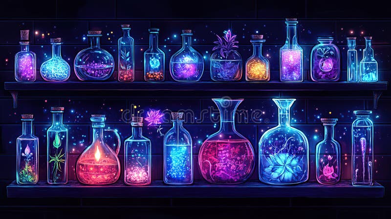 Magical Potions in Glowing Bottles on a Dark Shelf Stock Image - Image ...