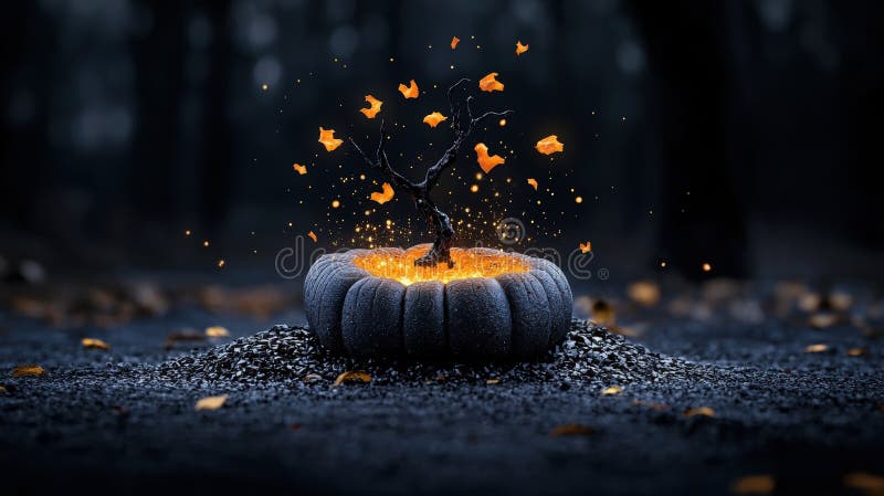 Magical Pumpkin with Glowing Tree and Leaves in a Mystical Forest ...