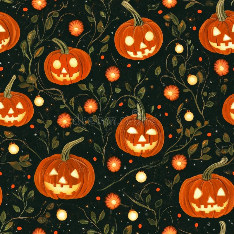 Magical Pumpkin Patch Pattern Glowing Jack O Lanterns Twinkling Fairy ...