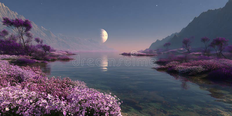Magical Purple Landscape Fantasy Art Stock Illustration - Illustration ...