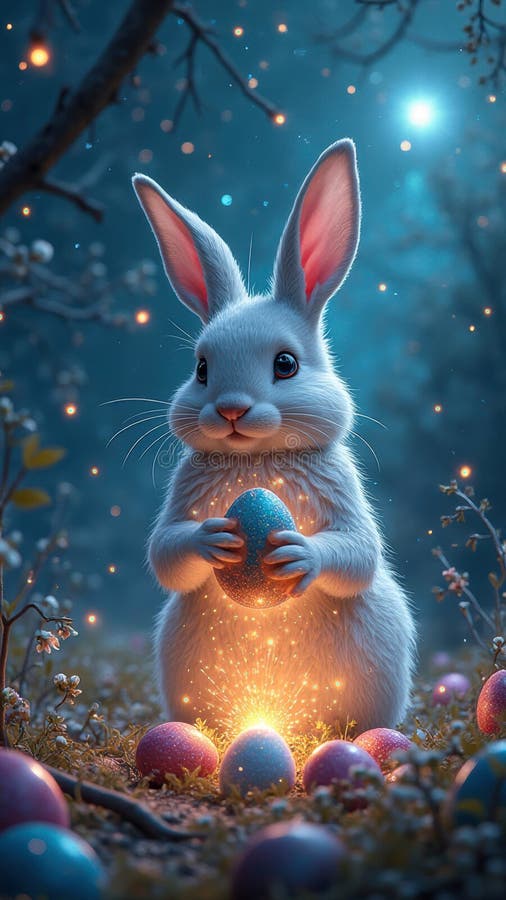 Magical Rabbit with Glowing Eggs in Enchanted Forest at Night Stock ...