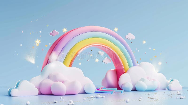 Magical Rainbow and Clouds on a Sparkling Pastel Blue Background Stock ...