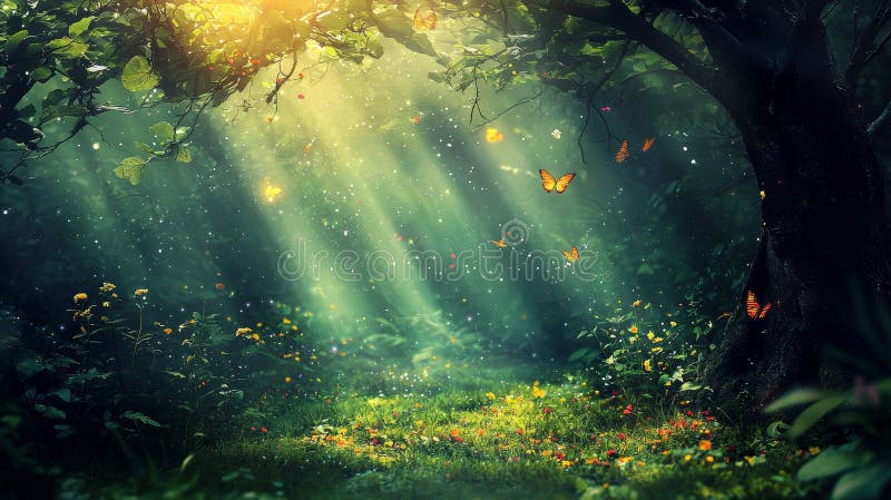 Magical Rainbow and Glowing Fantasy Lights in Fairy Tale Forest Stock ...