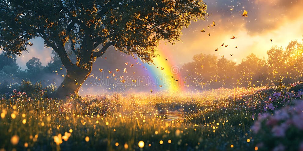 Magical Rainbow Sunset Landscape Firefly Field and Tree Stock ...