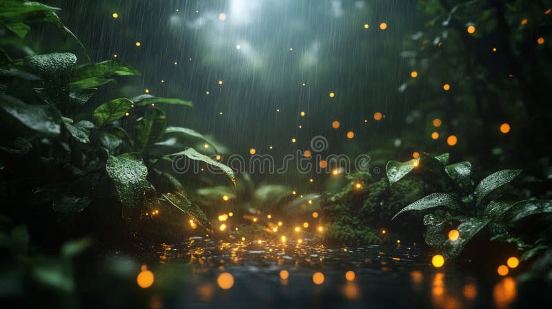 Magical Rainforest Night: Glowing Lights and Rain Stock Illustration ...