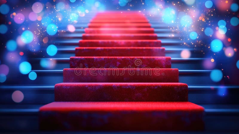 Magical Red Carpet Staircase with Colorful Bokeh Lights Stock Photo ...