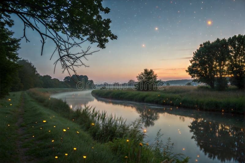 Magical River at Dusk stock illustration. Illustration of beautiful ...