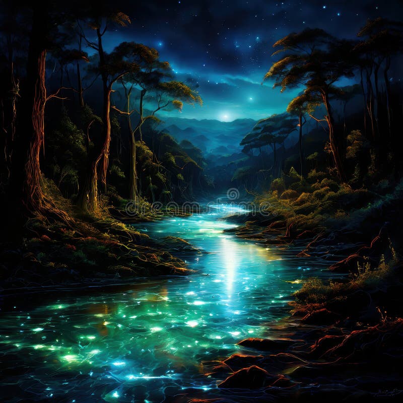 Enchanted Glowing River Flowing through a Mystical Forest at Night ...