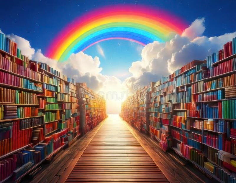 A Magical Road To Rainbow Heaven Surrounded by Books Stock Illustration ...
