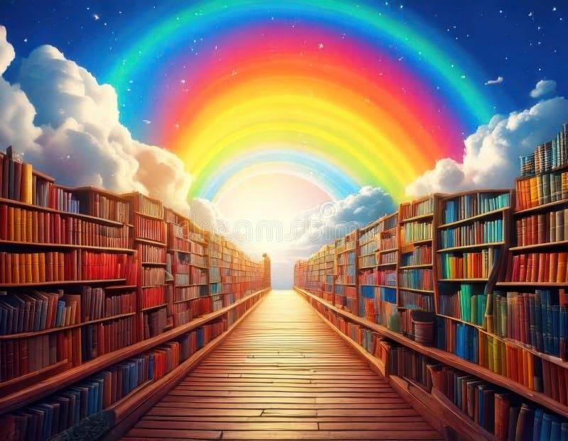 A Magical Road To Rainbow Heaven Surrounded by Books Stock Illustration ...
