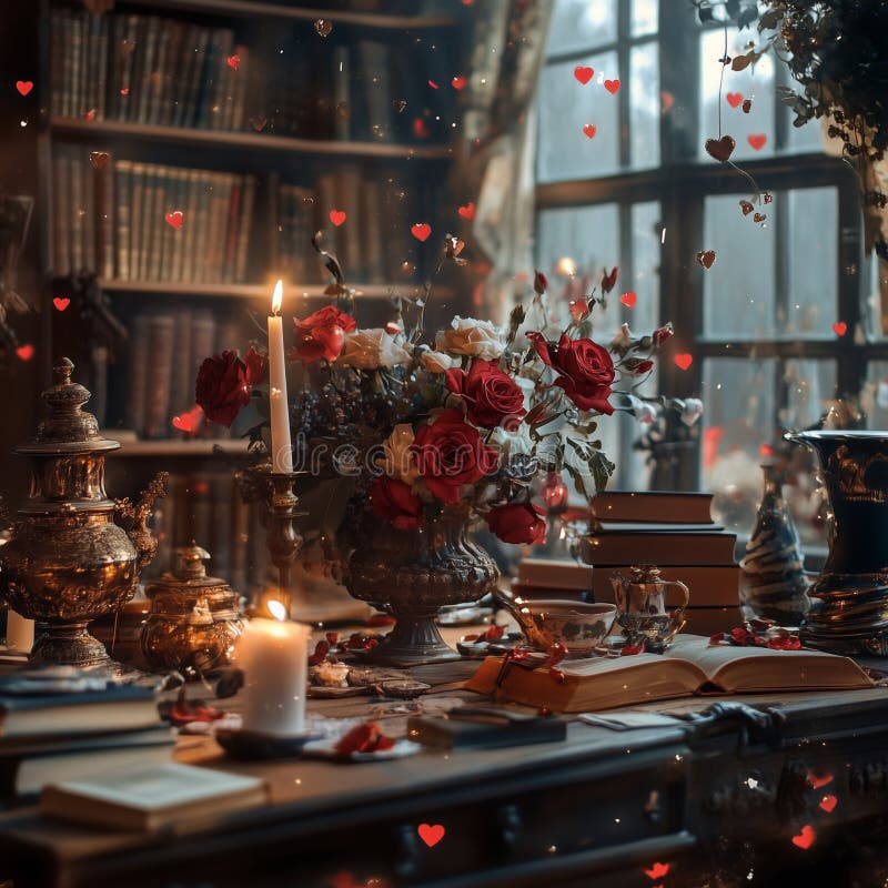 A Magical Romantic Dining Setting in a Library with Blooming Tree ...