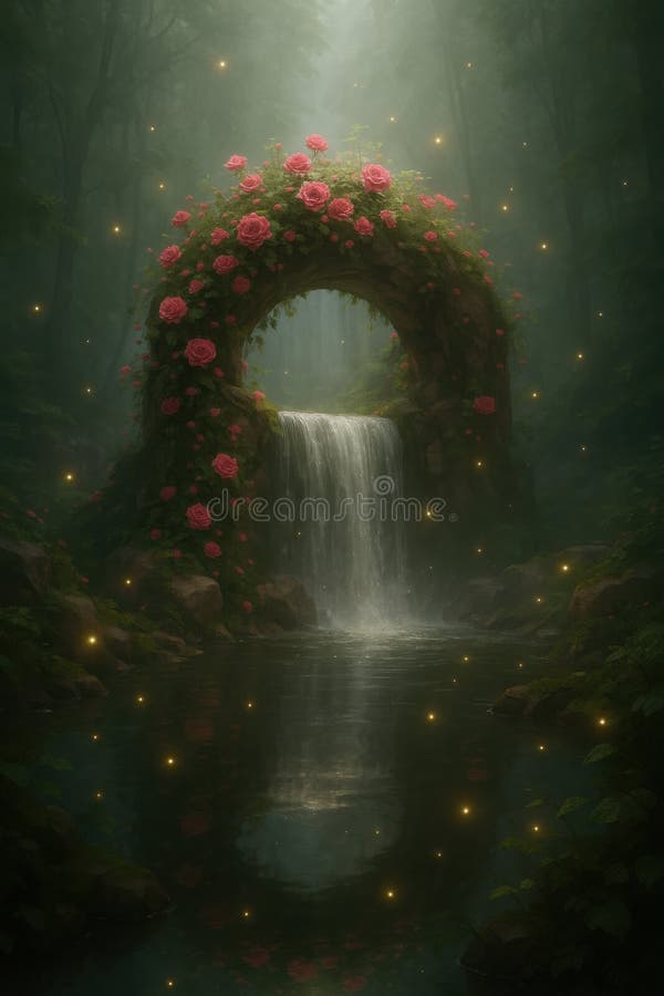Magical Rose-covered Arch with Waterfall in Dreamy Forest Stock ...