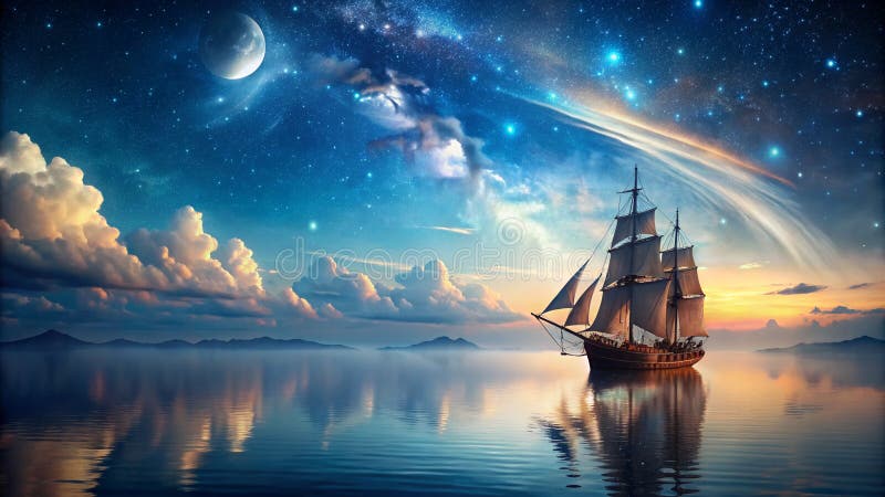 Magical Sailing Boat in To the Nigth Landscape Generative AI Stock ...