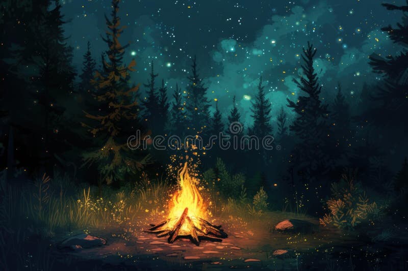 Enchanted Forest Night with Campfire Stock Illustration - Illustration ...