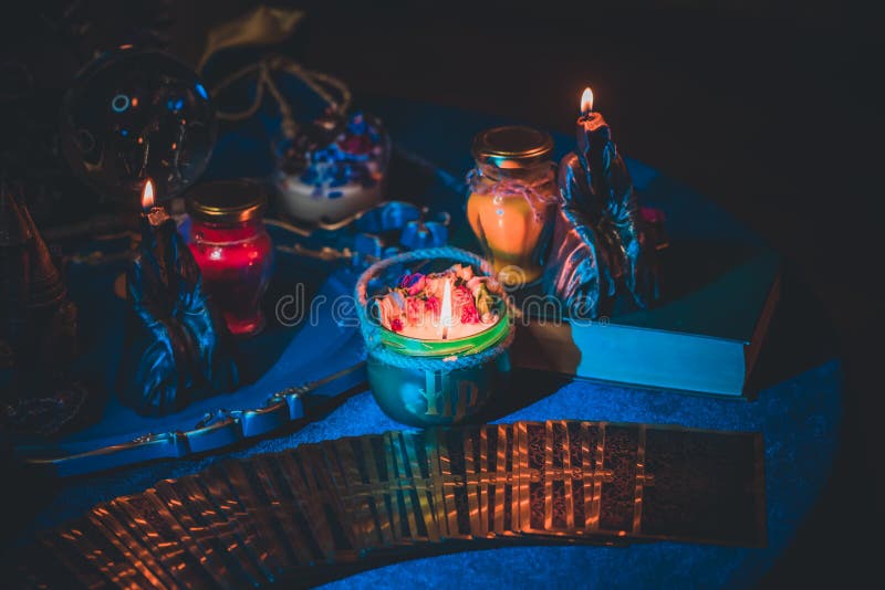 Magical Stuff on a Table. Esoteric Concept Stock Photo - Image of fire ...