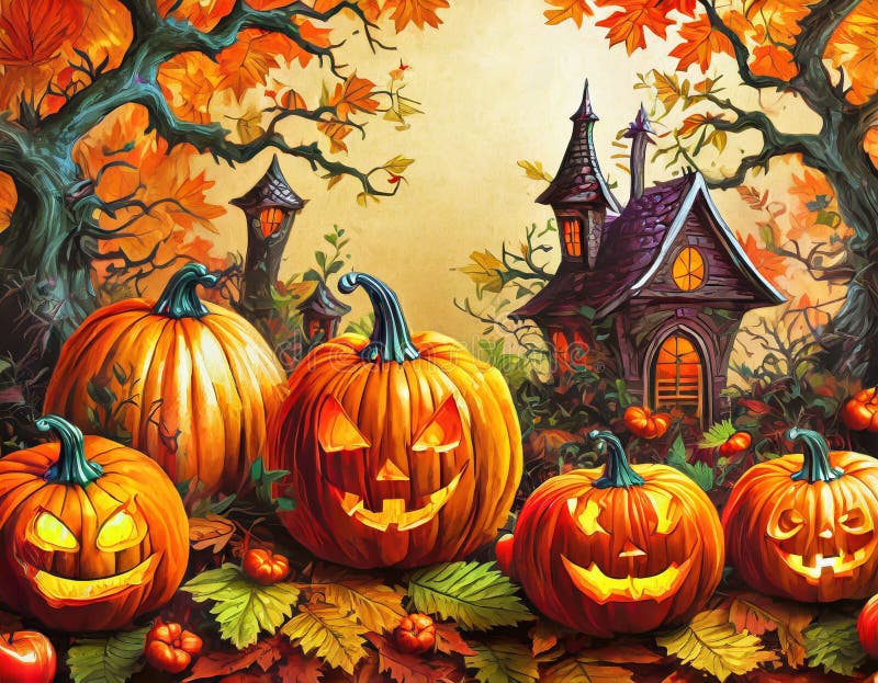 Enchanted Halloween Pumpkins and Autumn Leaves in Forest with Spooky ...