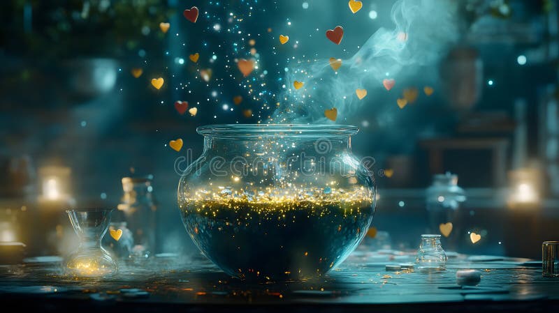 Magical Scene Featuring Bubbling Love Potion in Cauldron, Surrounded by ...