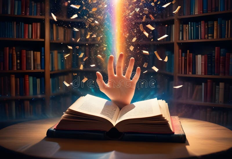 A Magical Scene Featuring an Open Book with a Hand Reaching Out from it ...