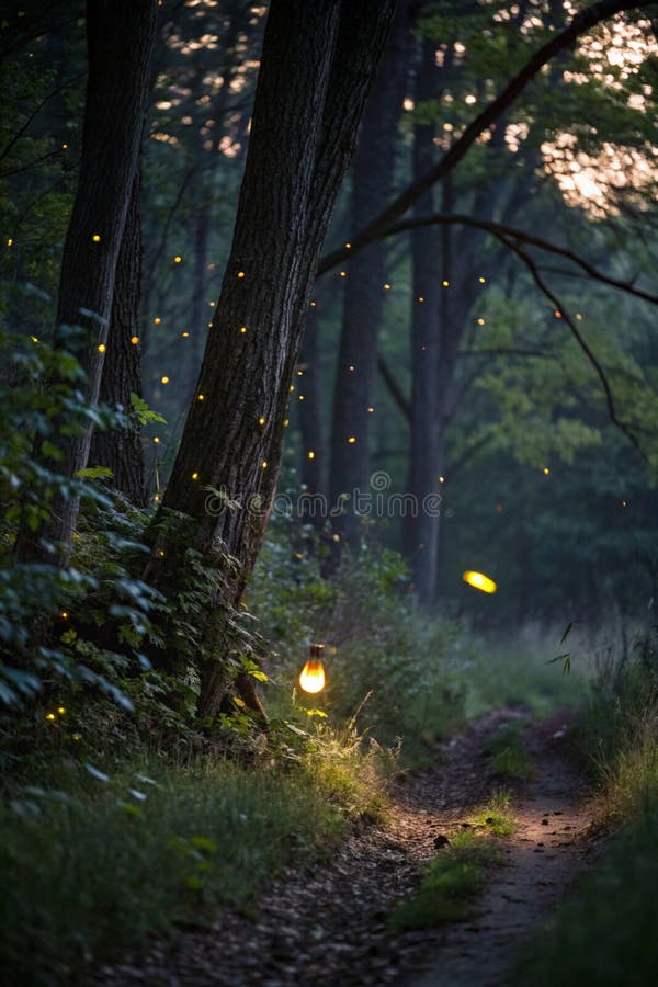 Magical Firefly in the Night Forest Stock Illustration - Illustration ...
